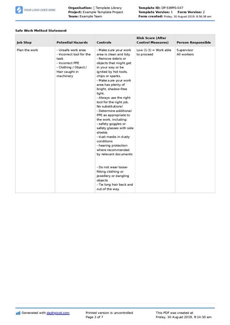 Power Tools Safe Work Method Statement Free Editable SWMS