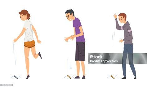 젊은 남자와 여자 사고 벡터 세트에 의해 그들의 스마트폰을 떨어뜨리다 Brand Name Smart Phone에 대한 스톡 벡터 아트 및 기타 이미지 Brand Name