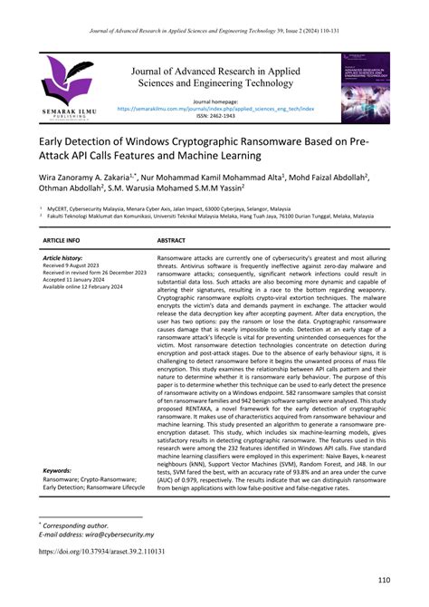 Pdf Early Detection Of Windows Cryptographic Ransomware Based On Pre Attack Api Calls Features