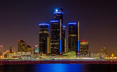 Downtown Detroit Skyline Renaissance Center At Night Glow Of The City
