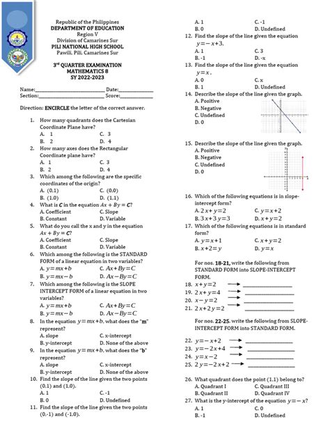 Math8 3rdqexam Pdf Cartesian Coordinate System Analytic Geometry