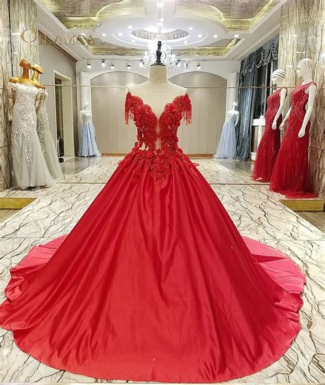 Buy Long Dresses For Wedding Party Red Satin Ball Gown Scoop Appliqued Lace