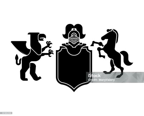 문장 학 방패 그리핀과 말과 나이트 헬멧 환상적인 짐승입니다 서식 파일 문장 학 디자인 요소입니다 왕실 가족의 팔의 외 투 고대의에 대한 스톡 벡터 아트 및 기타 이미지
