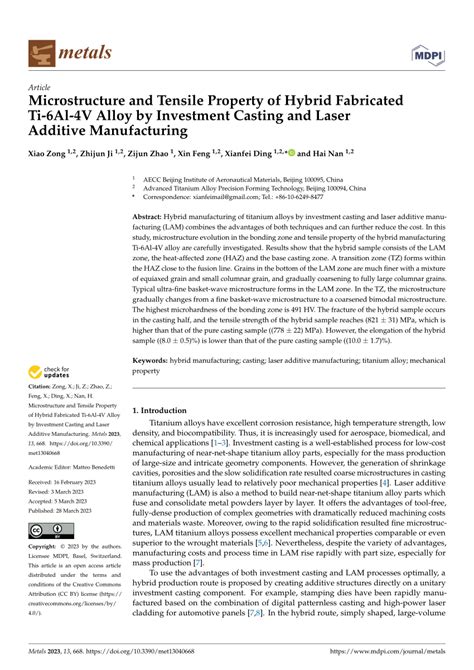 Pdf Microstructure And Tensile Property Of Hybrid Fabricated Ti 6al 4v Alloy By Investment
