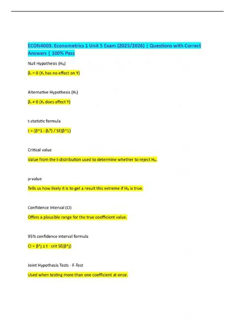 Econ4003 Econometrics 1 Unit 5 Exam 2025 2026 Questions With Correct Answers 100 Pass