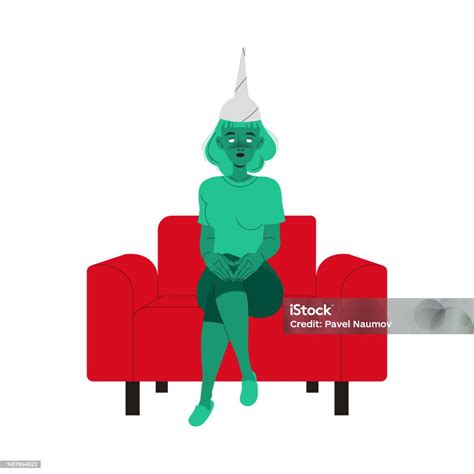 주석 호일 모자를 쓴 좀비화된 여자는 조작과 최면 벡터 삽화로 빨간 안락의자에 앉아 있다 Cult에 대한 스톡 벡터 아트 및 기타 이미지 Cult 개념 격언 Istock