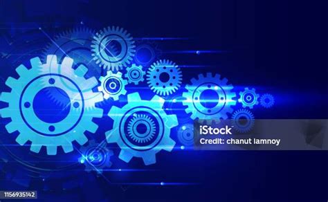 파란색 배경과 화살표에 전자 회로가있는 기어 기술 메커니즘 시스템 개인 정보 보호를 보호합니다 벡터 일러스트레이션 가로채기에 대한 스톡 벡터 아트 및 기타 이미지 Istock