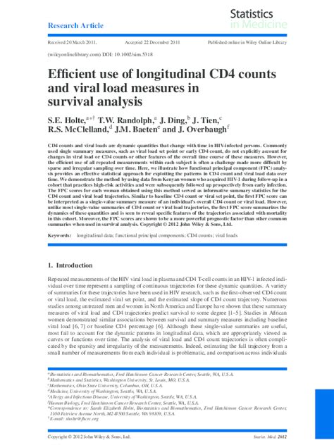 Pdf Efficient Use Of Longitudinal Cd4 Counts And Viral Load Measures In Survival Analysis