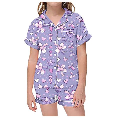 Teen Satin Pajamas For Girls Bow Printed Button Down Tops With Shorts