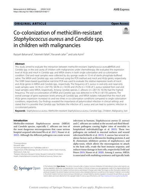 Pdf Co Colonization Of Methicillin Resistant Staphylococcus Aureus And Candida Spp In