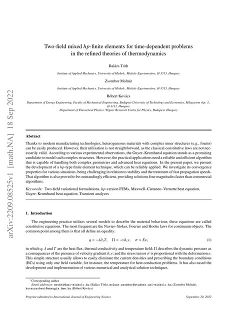 Pdf Two Field Mixed Hp Finite Elements For Time Dependent Problems In The Refined Theories Of