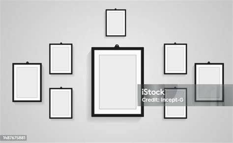 흰 벽에 격리된 그림자 컬렉션이 있는 사실적인 빈 검은색 액자 그룹 현대 포스터 프레임 모형 세트 미술관 또는 인테리어를 위한 빈 액자 개념에 대한 스톡 벡터 아트 및 기타