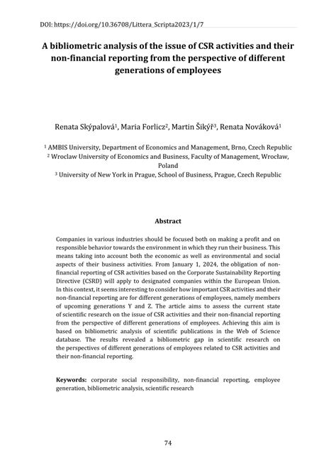 PDF A Bibliometric Analysis Of The Issue Of CSR Activities And Their Non Financial Reporting