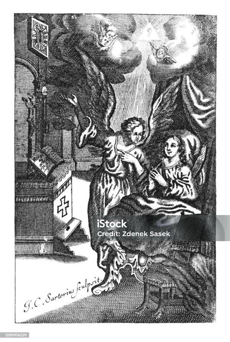 빈티지 빈티지 종교 그림 또는 침대에서 여자의 조각 아침에 일어나 고 천사 는 그녀를 생각 나게 한다 가 에 기도 에 제단 18세기에 대한 스톡 벡터 아트 및 기타 이미지