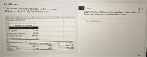 Solved Excel Output Consider The Following Excel Output For