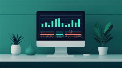 Modern Workspace With Computer Displaying Data Charts And Green Plants On A White Desk Perfect