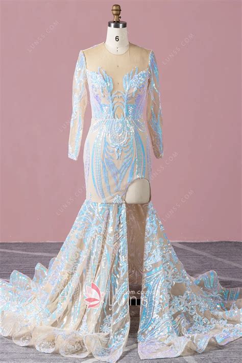Sparkly Iridescent Sequin Nude Mesh Slit Sexy Prom Dress Lunss
