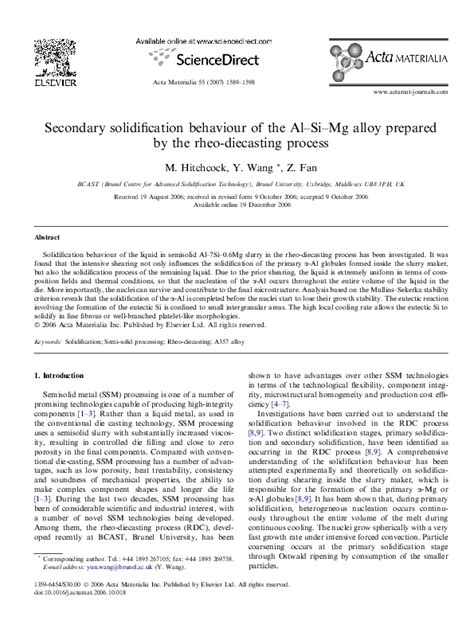 Pdf Secondary Solidification Behaviour Of The Al Si Mg Alloy Prepared By The Rheo Diecasting