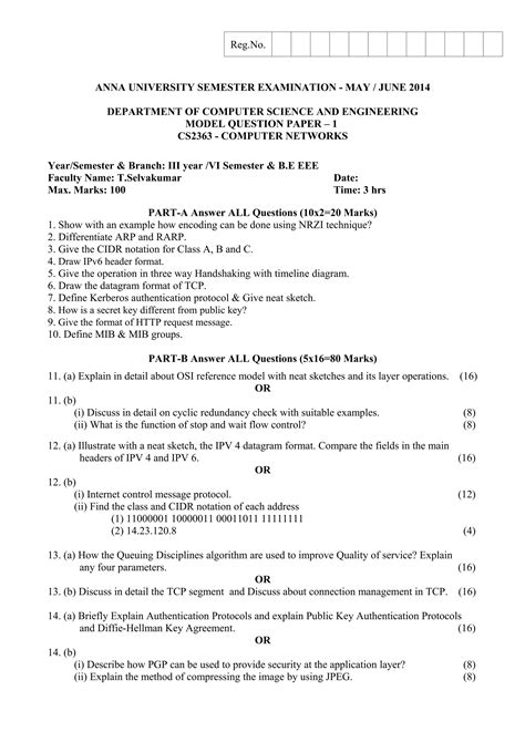 Iii Eee Cs2363 Computer Networks Model Question Paper Set 1 For May June 2014 Pdf Computer