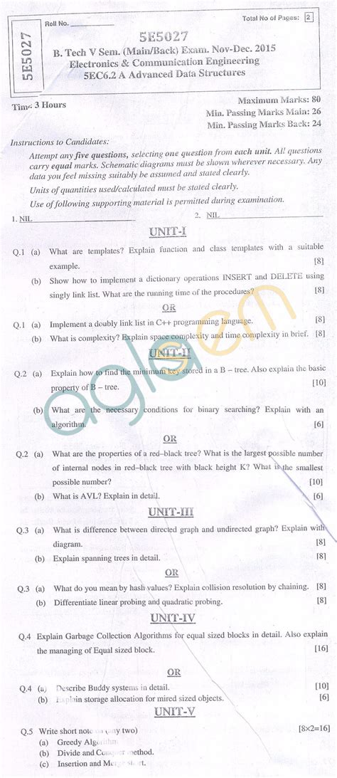 Rtu Question Papers 5 Semester Ec Advanced Data Structures
