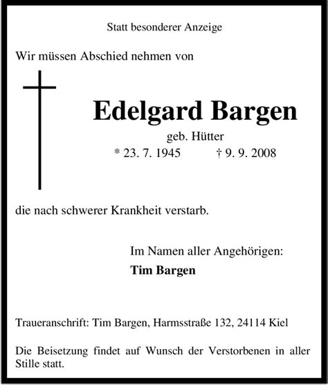 Traueranzeigen Von Edelgard Bargen Trauer In Nrw De