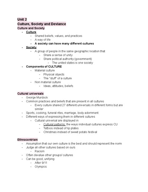 soc unit 2 lecture notes for unit 2 unit 2 culture society and deviance culture and