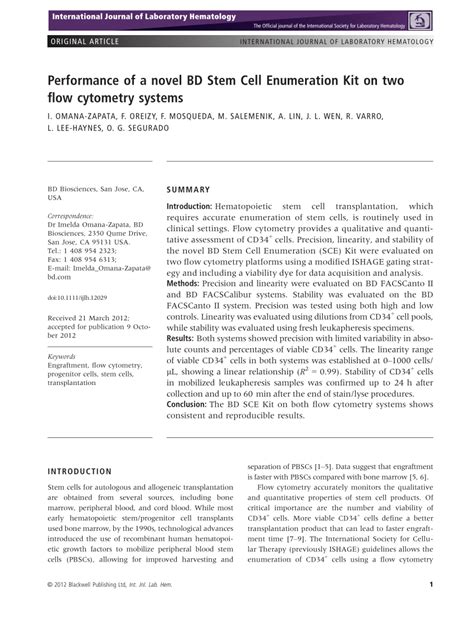 Pdf Performance Of A Novel Bd Stem Cell Enumeration Kit On Two Flow Cytometry Systems