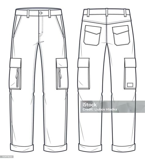 카고 팬츠 기술 패션 일러스트 청바지 바지 패션 플랫 기술 도면 템플릿 포켓 전면 및 후면보기 화이트 여성 남성 남녀 공용 Cad 모형 청바지에 대한 스톡 벡터 아트 및