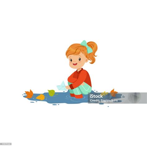 달콤한 레드 따뜻한 옷 귀여운 아이가 즐기는을가 아이 활동 벡터 일러스트 레이 션 종이 배와 웅덩이에서 놀고 있는 어린 소녀 걷기에 대한 스톡 벡터 아트 및 기타 이미지