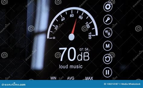 Close Up Of Sound Level Meter Screen In Decibels Modern Electronic Sound Meter Around Stock