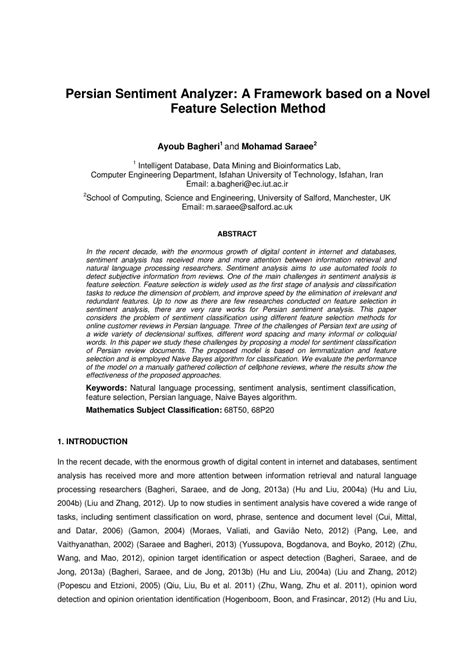 Pdf Persian Sentiment Analyzer A Framework Based On A Novel Feature