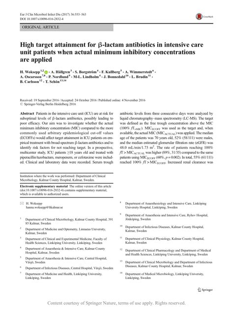 High Target Attainment For β Lactam Antibiotics In Intensive Care Unit Patients When Actual