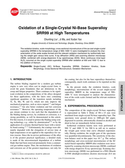 Pdf Oxidation Of A Single Crystal Ni Base Superalloy Srr99 At High Temperatures