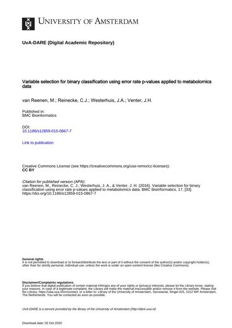 pdf variable selection for binary classification using … keywords variable selection