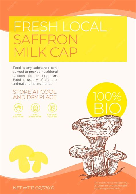 신선한 지역 버섯 레이블 템플릿 추상 벡터 포장 디자인 레이아웃 손으로 그린 사프란 우유 캡 스케치 실루엣 배경이 있는 현대적인 타이포그래피 배너 프리미엄 벡터