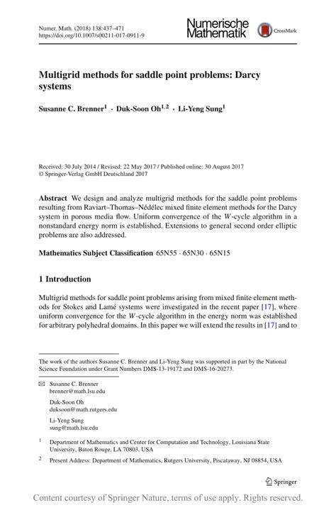 Multigrid Methods For Saddle Point Problems Darcy Systems Request Pdf