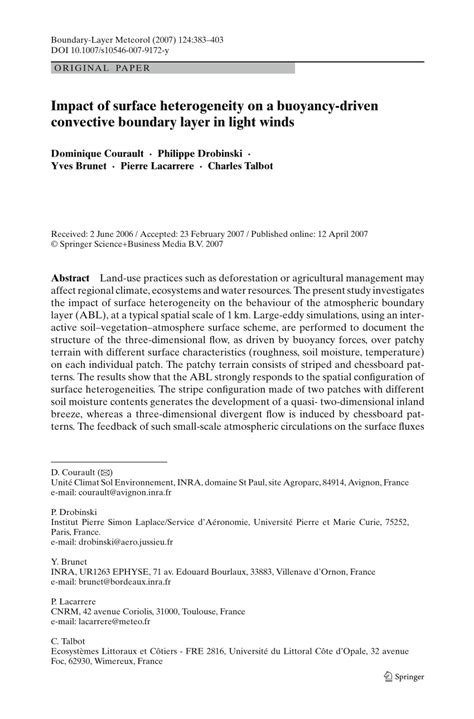 Pdf Impact Of Surface Heterogeneity On A Buoyancy Driven Convective Boundary Layer In Light Winds