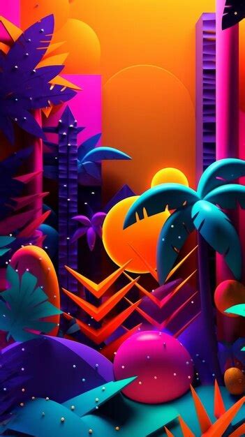 Premium Ai Image Neon Tropical Synthwave Theme 3d Abstract Background