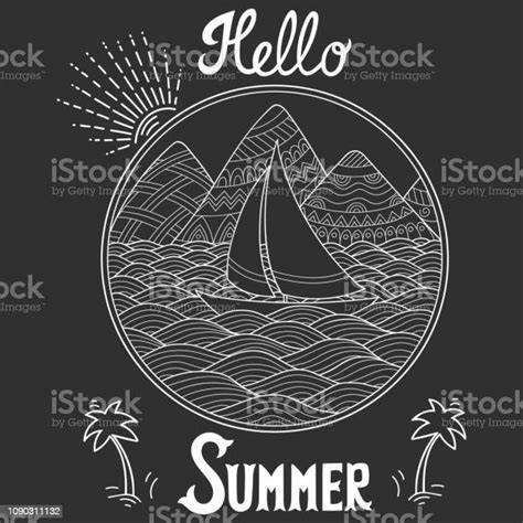 글자 안녕하세요 여름입니다 풍경산 강 언덕 바다 보트 요트 해안 돛 파도 바다 흑인과 백인 낙서 패턴입니다 분필 드로잉 강에 대한 스톡 벡터 아트 및 기타 이미지 Istock