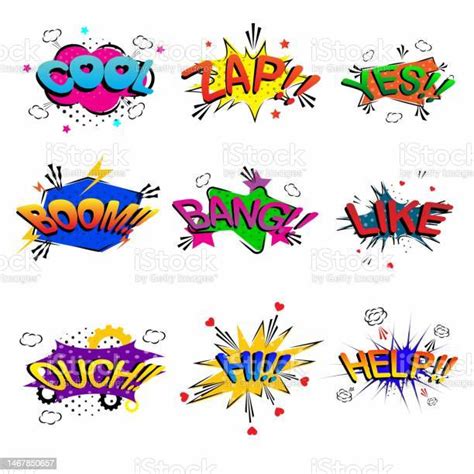 만화 단어 만화 연설 거품 Zap Pow Wtf 붐 텍스트 만화 팝 아트 풍선 벡터 세트 벡터 스톡 일러스트 레이 션 대화 풍선 문자 기호에 대한 스톡 벡터 아트 및 기타