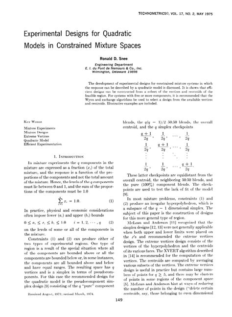 pdf experimental designs for quadratic models in constrained mixture spaces