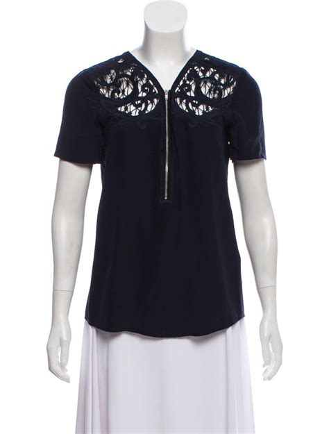 Navy The Kooples Silk Top With Lace Accents Throughout Short Sleeves