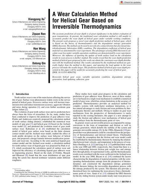Pdf A Wear Calculation Method For Helical Gear Based On Irreversible Thermodynamics