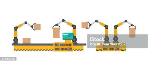로봇 암자동 컨베이어 라인 자동 작동 상자가있는 산업용 로봇 팔 현대 산업 기술 제조 기업을위한 가전 제품 건설 산업에 대한 스톡 벡터 아트 및 기타 이미지 Istock