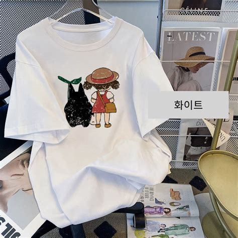 💕당일출고💕 여성 면100 여름용 오버핏 반팔 티셔츠 순면 빅사이즈 귀여운소녀와친구 프린트 루즈핏 반팔 롱티 에이블리