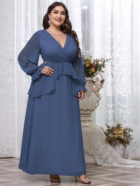 Plus Ruffle Trim Flounce Sleeve Overlap Collar Chiffon Dress Shein Usa