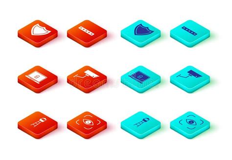 Set Watch Tower Eye Scan Laptop And Lock Security Camera Password Protection And Shield Icon