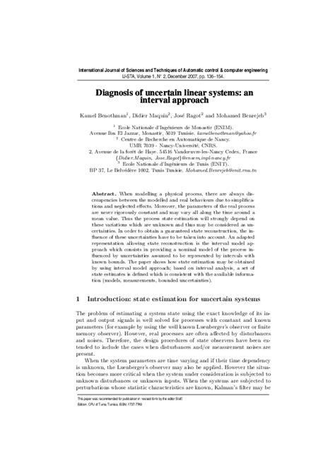 Pdf Diagnosis Of Uncertain Linear Systems An Interval Approach