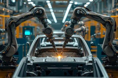 Premium Photo Bcar Manufacturing Robots Welding A Car Body