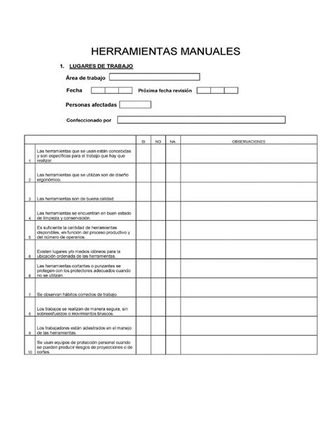 Check List De Herramientas Manuales Y El 233 Ctricas Riset